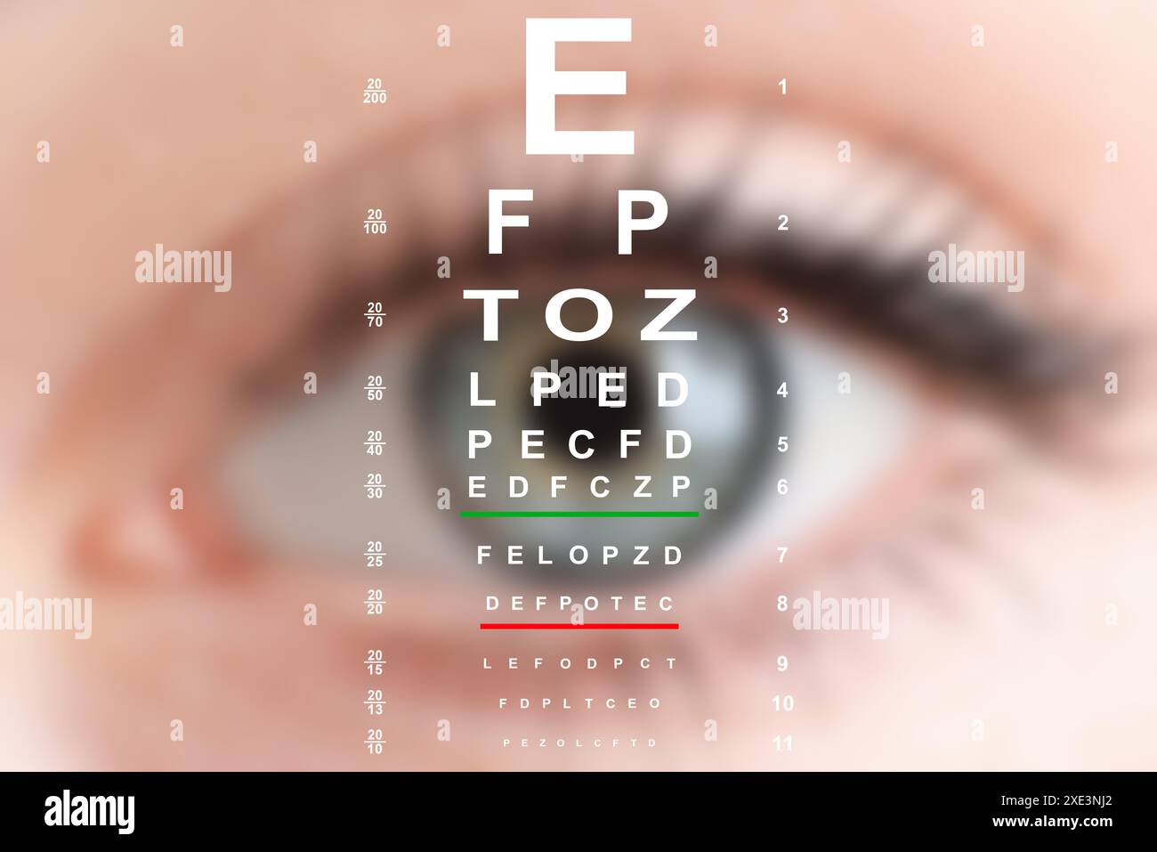 Snellen chart and closeup of woman's eye, selective focus. Vision ...