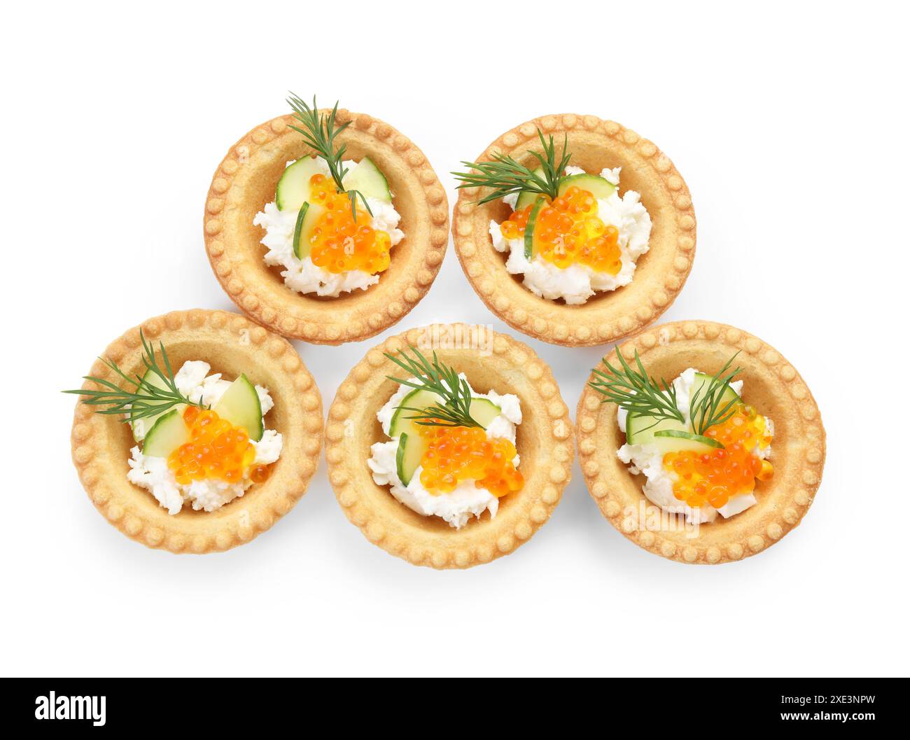 Delicious canapes with red caviar isolated on white, top view Stock ...