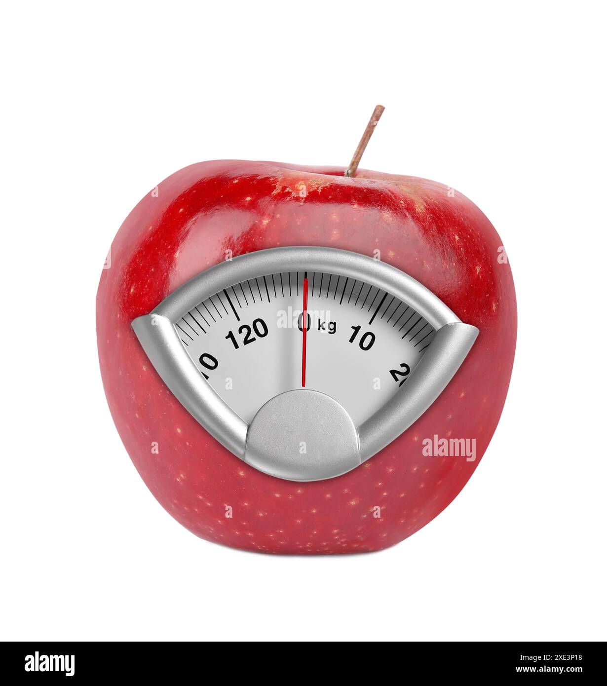Red apple with analog weighing scale display isolated on white Stock ...