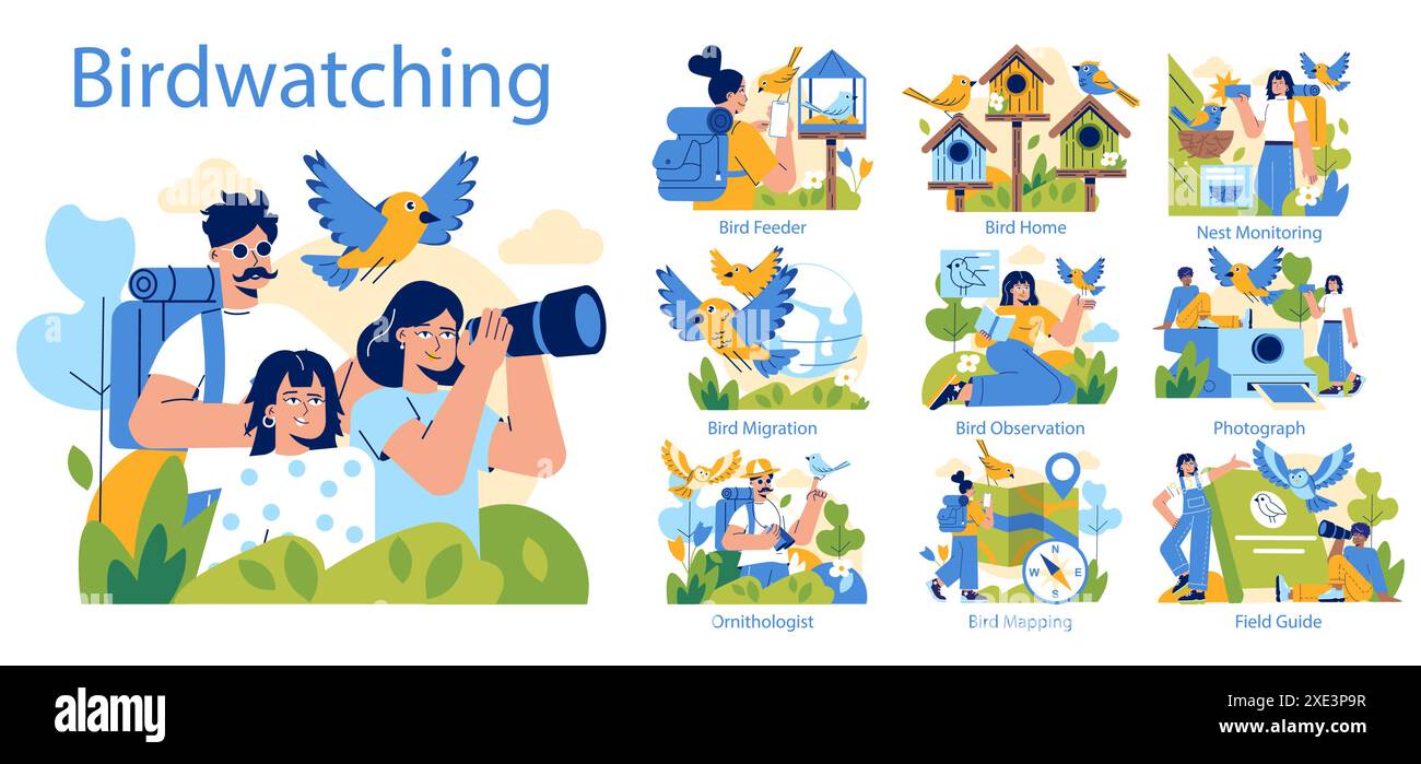 Birdwatching set. Families and individuals engage in bird observation ...