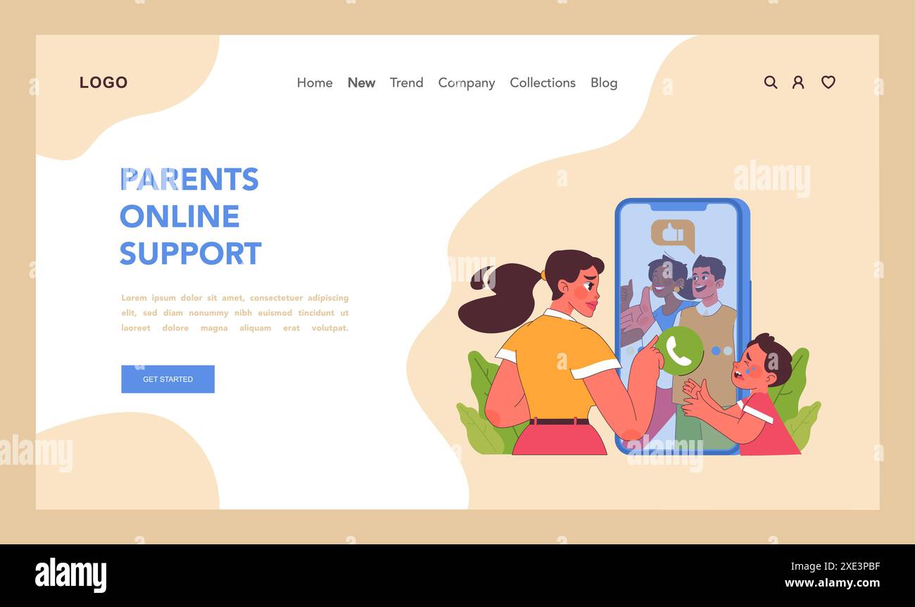 Parents online support web or landing. Distressed mother and crying child video calling family ...