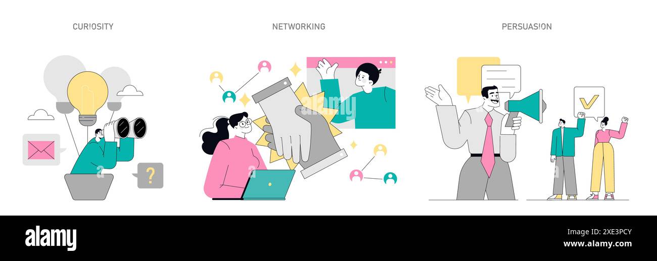 Soft Skills set. Illustrations depicting curiosity, networking, and ...