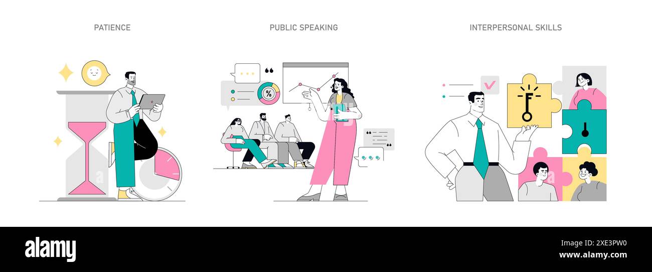Soft Skills set. Illustration depicting patience, public speaking, and ...