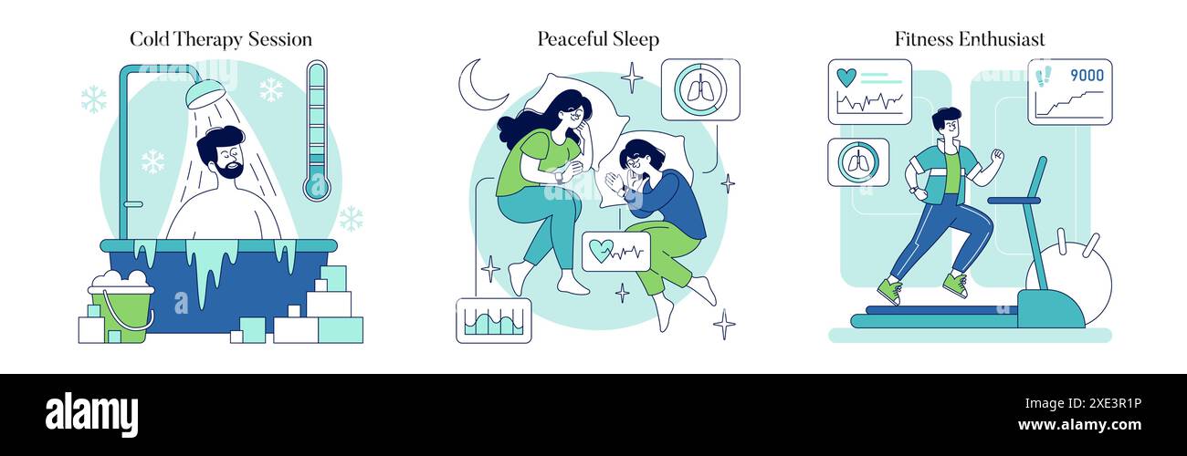 Biohacking set. Individual employing cold therapy, tracking sleep, and ...