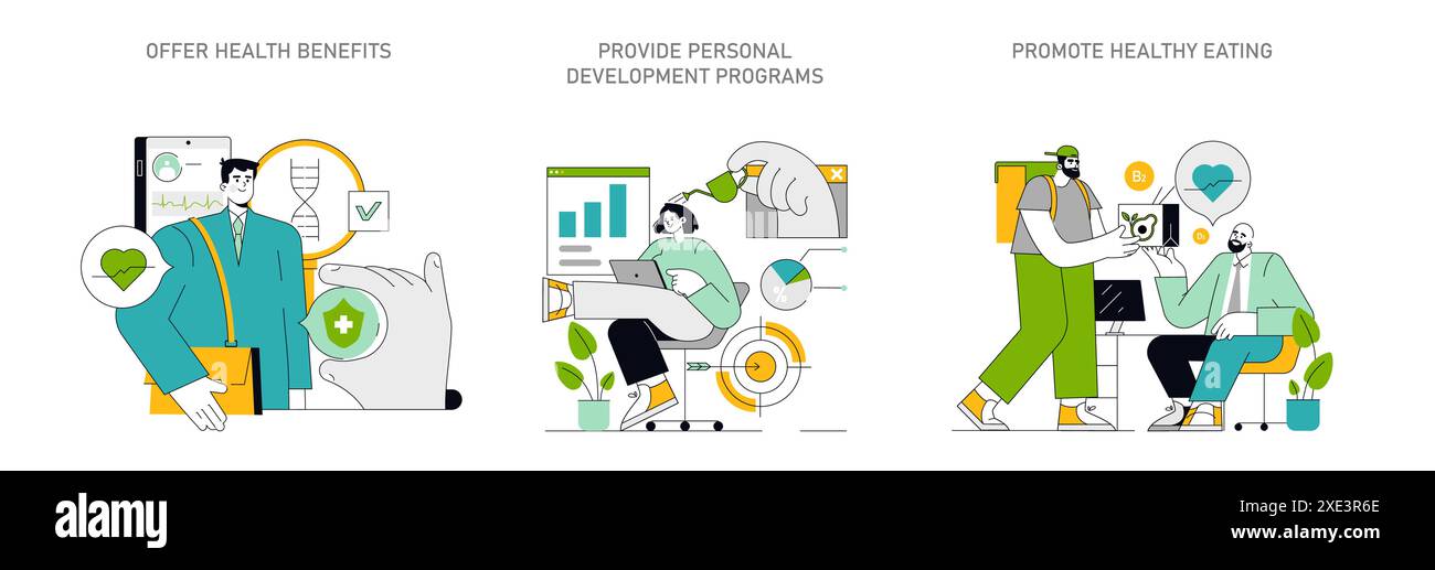 Employee well-being concept. Health benefits, personal growth, and ...