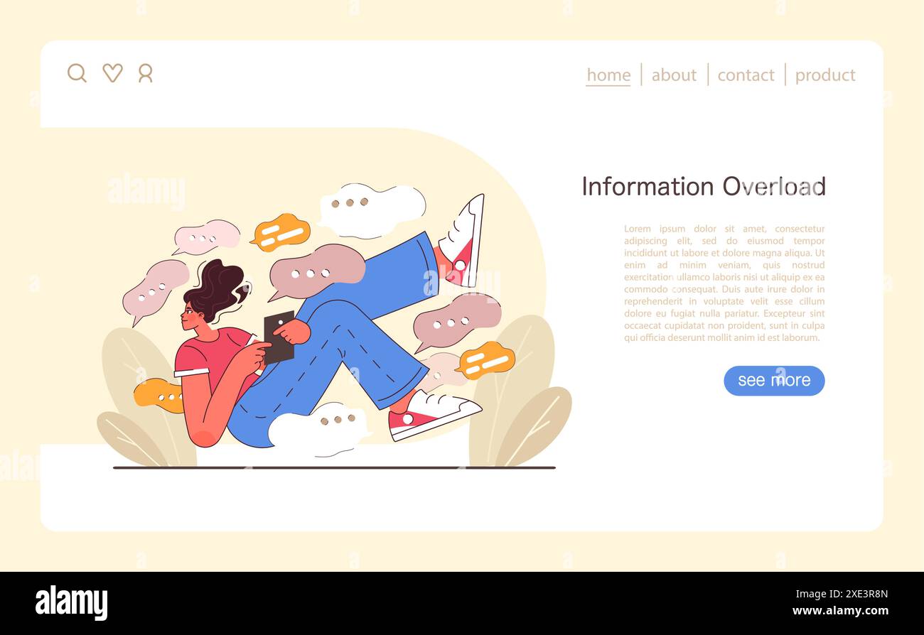 Information Overload concept. Young woman surrounded by a whirlwind of ...