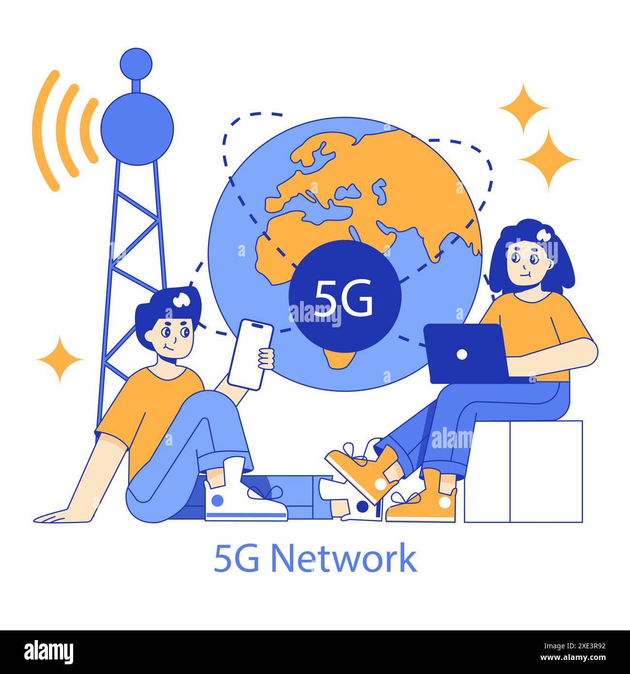 Hyperconnectivity concept. Illustration of individuals using devices ...