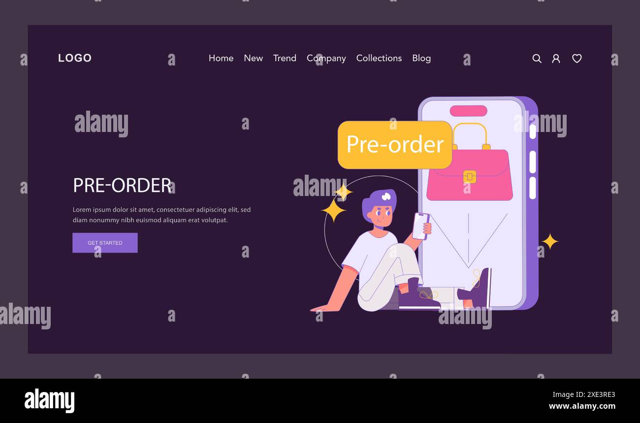Phygital pre-order concept illustration. A user excitedly places a pre-order through a mobile ...