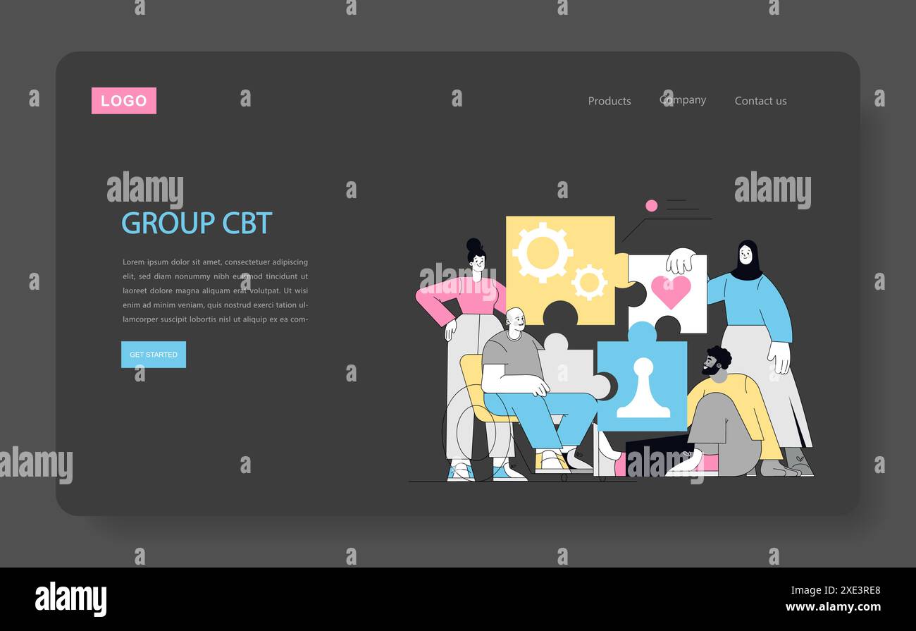 Cognitive Behavioral Therapy concept. People engaging in group therapy with puzzle pieces ...