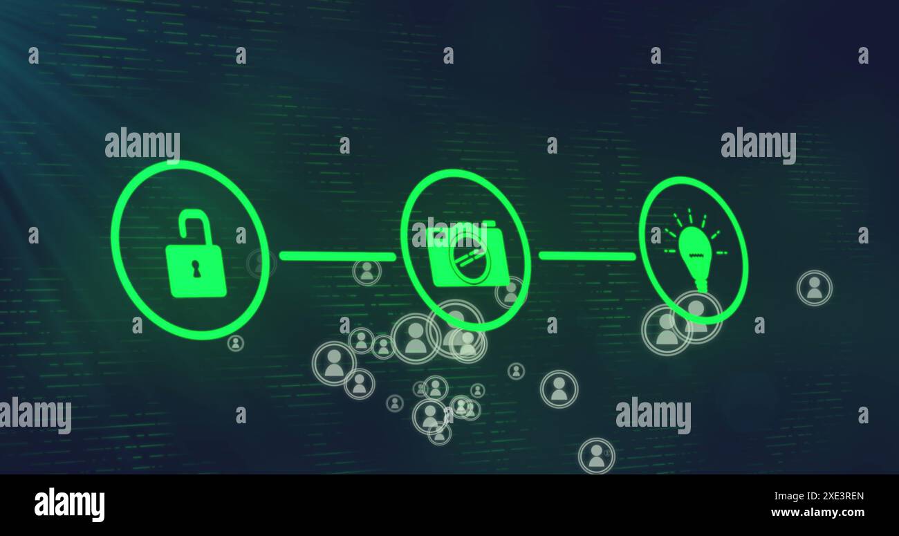 Image of profile icons floating over network of digital icons and light ...