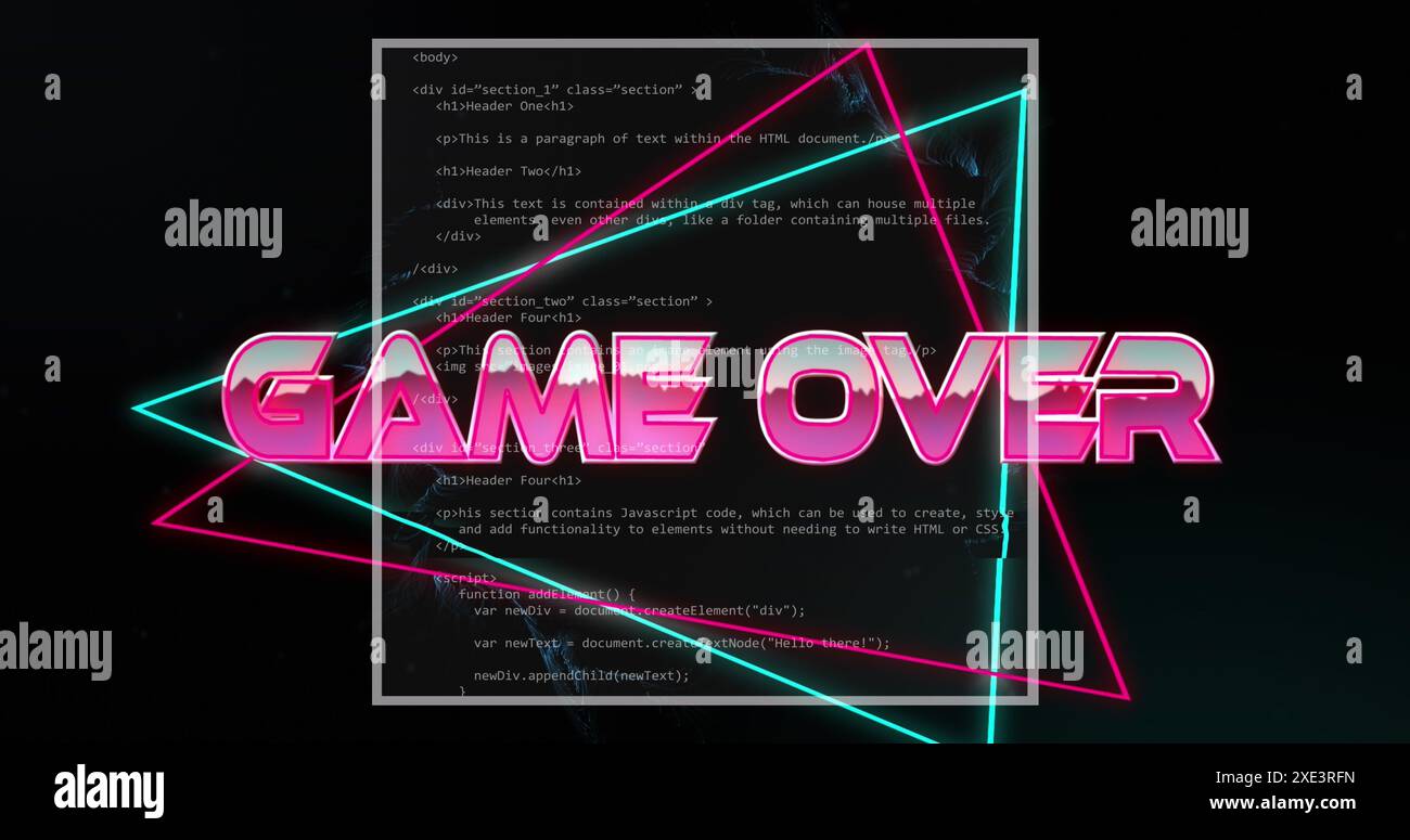 Image of game over text over vibrant neon lines on black background ...
