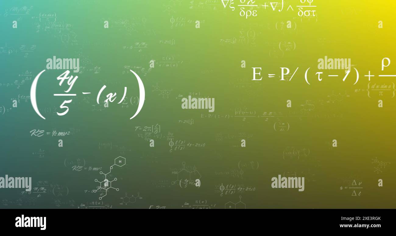Image of science concept icons and mathematical equations against green ...