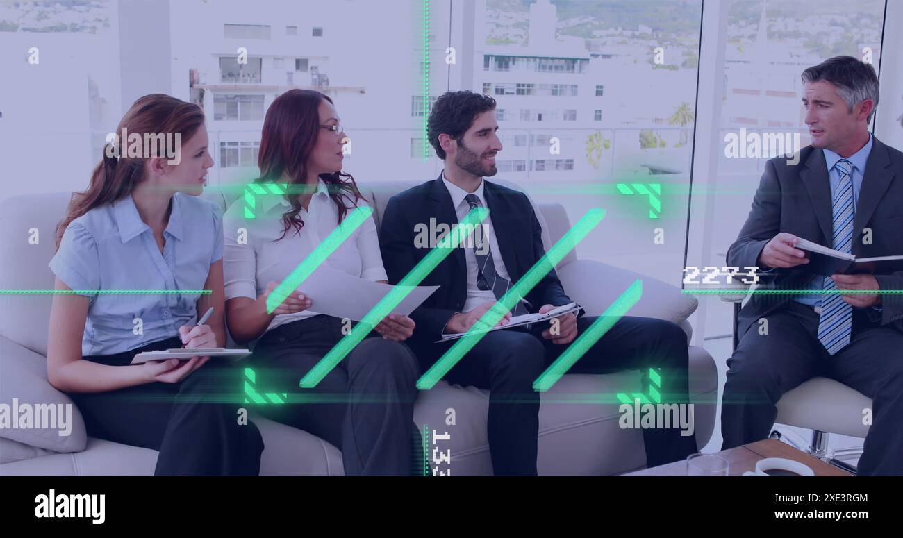 Image of green scanner scanning over diverse businesspeople discussing ...