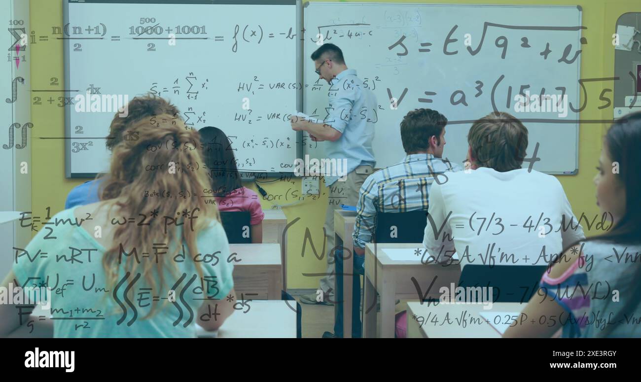 Image of mathematical equations against caucasian male professor ...