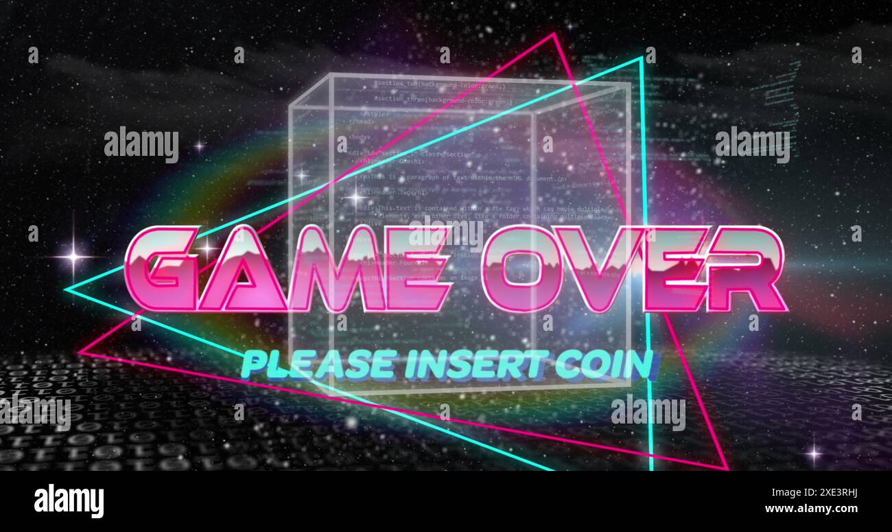 Image of game over text over vibrant neon lines on black background ...