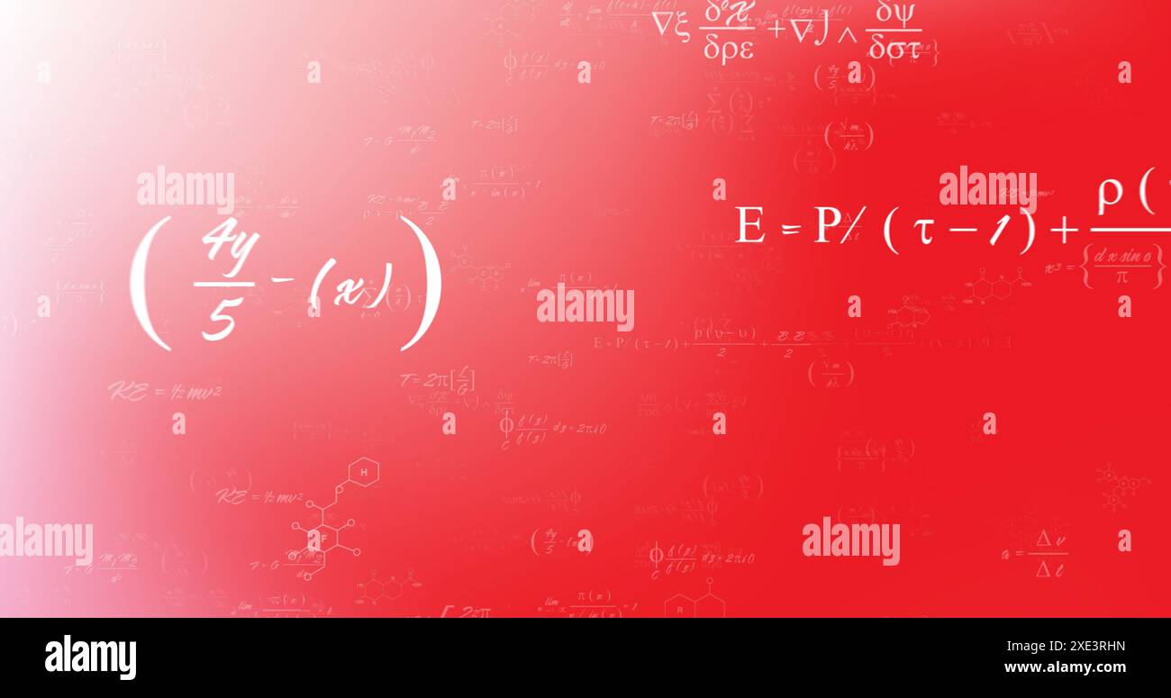 Image of mathematical equations and chemical structures against pink ...