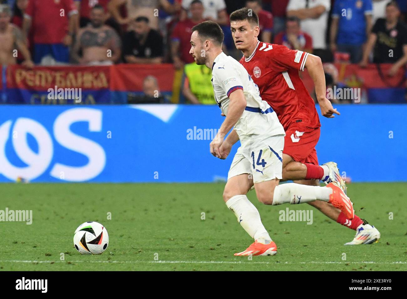 MUNICH, GERMANY - JUNE 25: Andrija Zivkovic of Serbia and Joakim Maehle ...