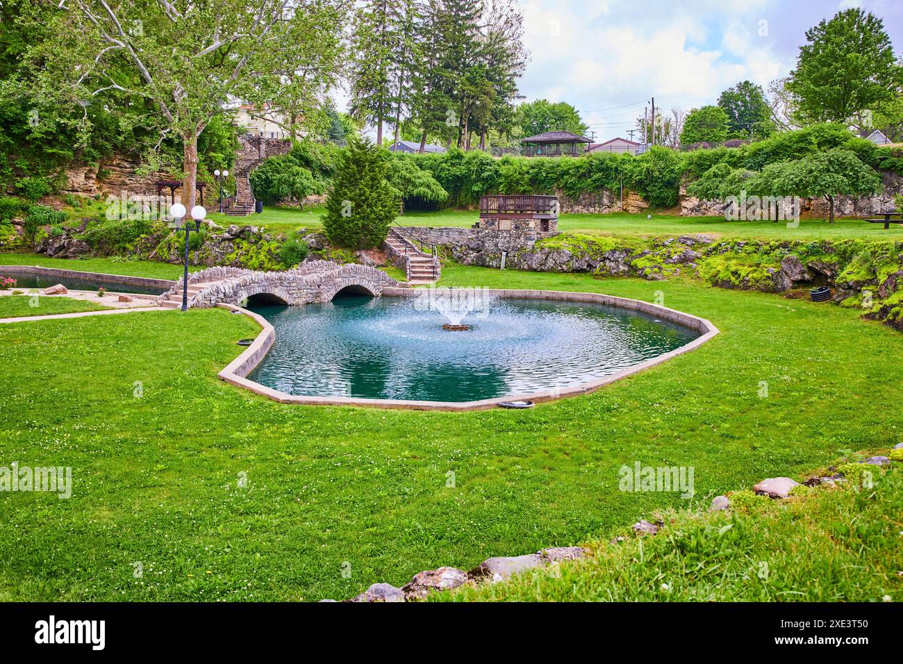 Historic Stone Bridge and Gazebo in Tranquil Sunken Gardens Park Stock ...