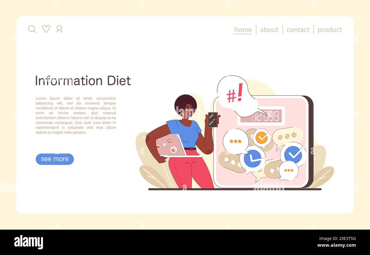 Information Diet concept. Woman balances digital intake with ...