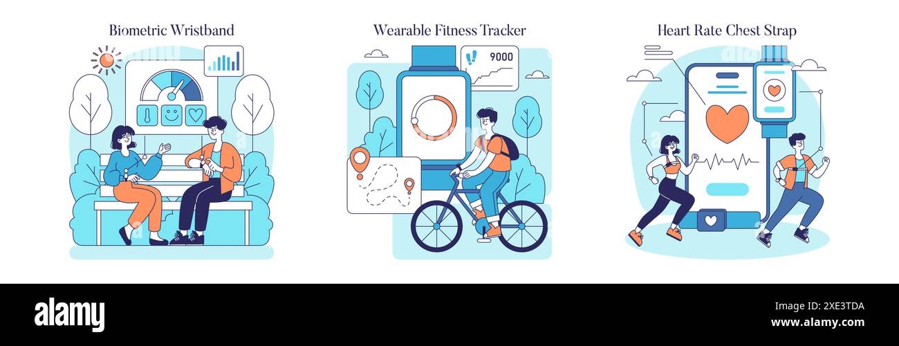 Health monitoring devices set. People using biometric wristband ...