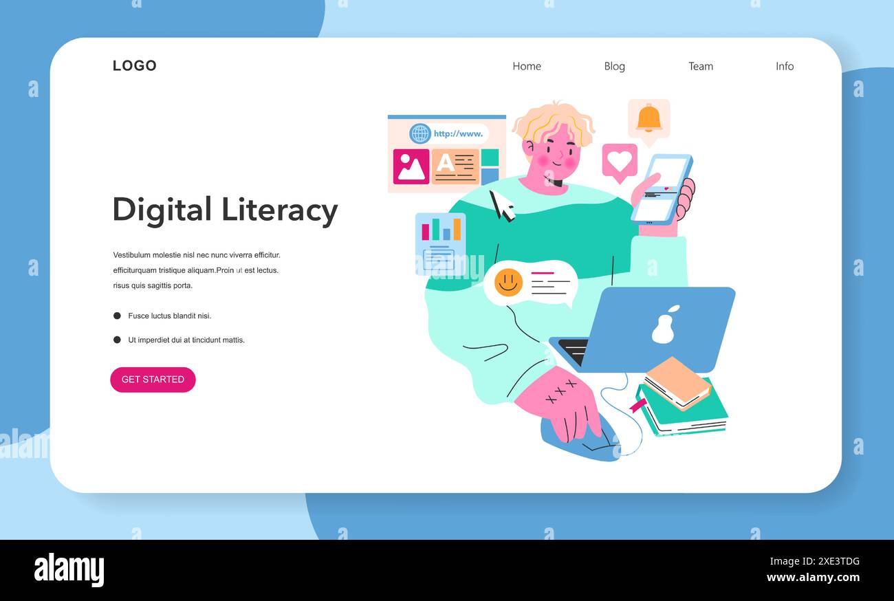 Digital Literacy concept. An engaging web page layout with a person ...