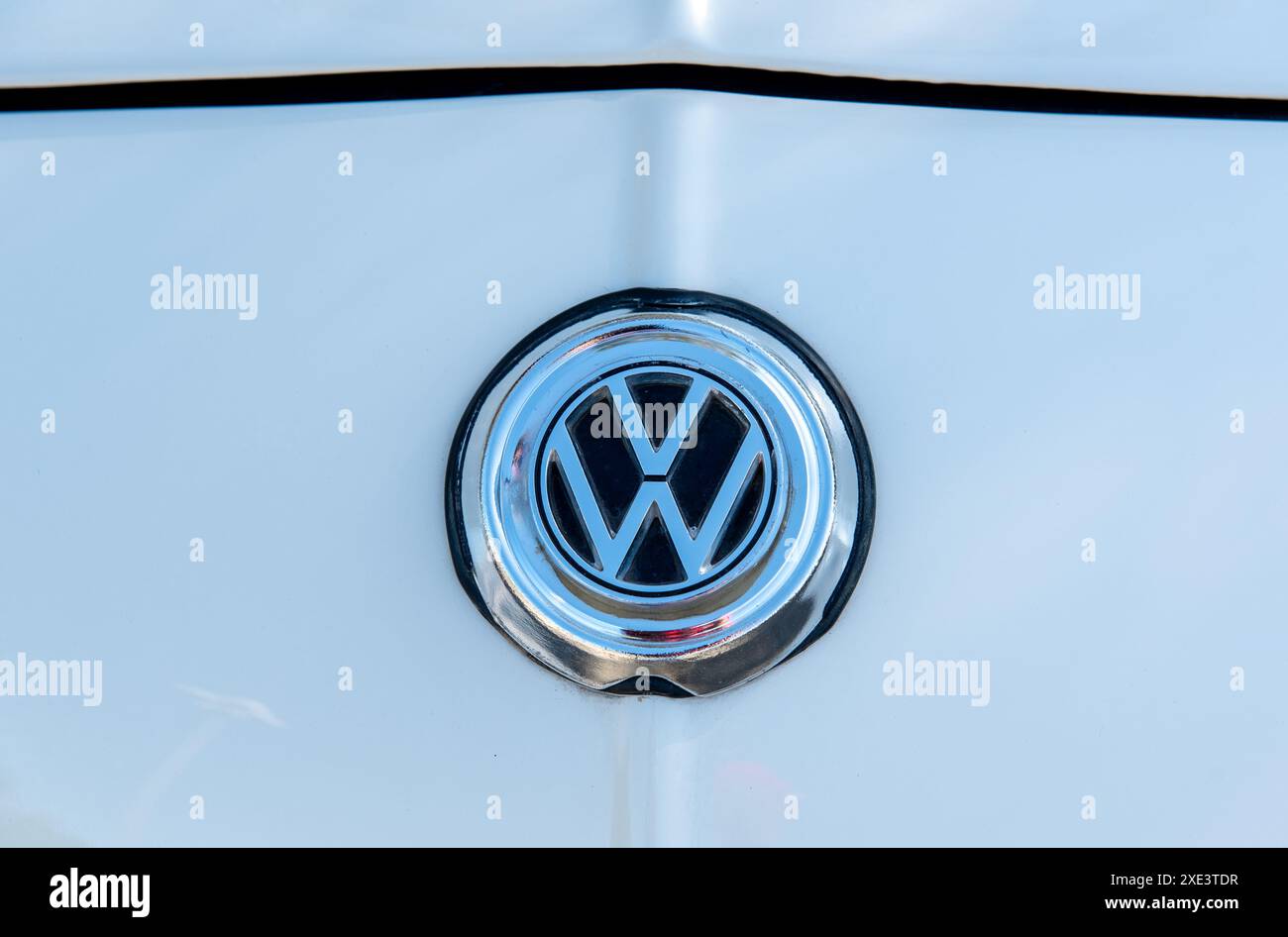 Front view of white classic collectible Volkswagen car and logo Stock ...