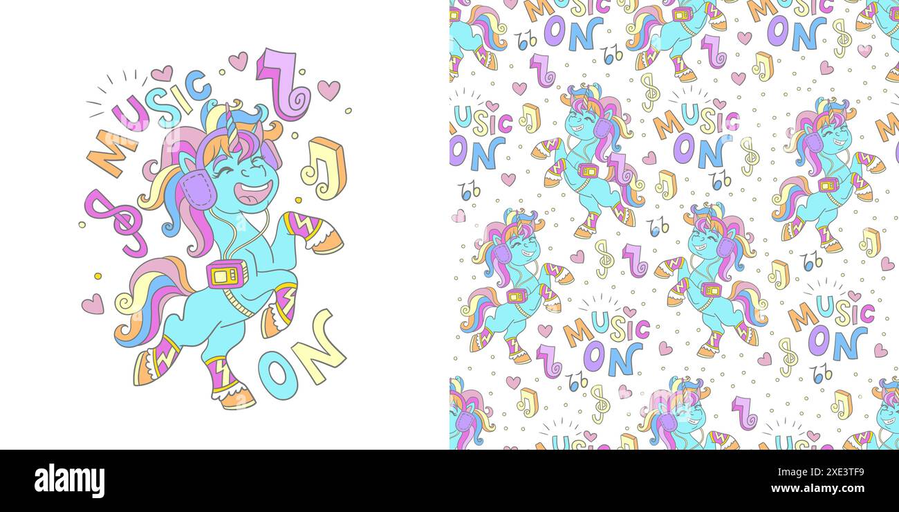 Cute happy cartoon musical unicorn with notes. Isolated character and ...