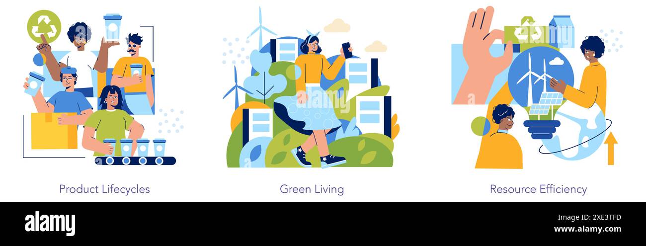 Circular economy set illustrating product lifecycles, green living ...