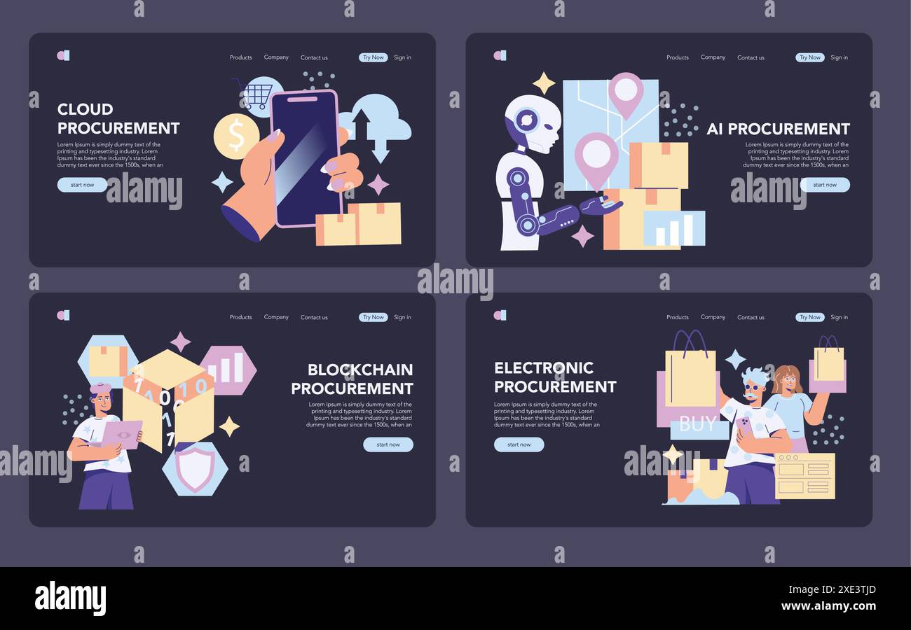 Innovative Procurement set. Showcasing cloud, AI, blockchain, and electronic methods. Digital ...