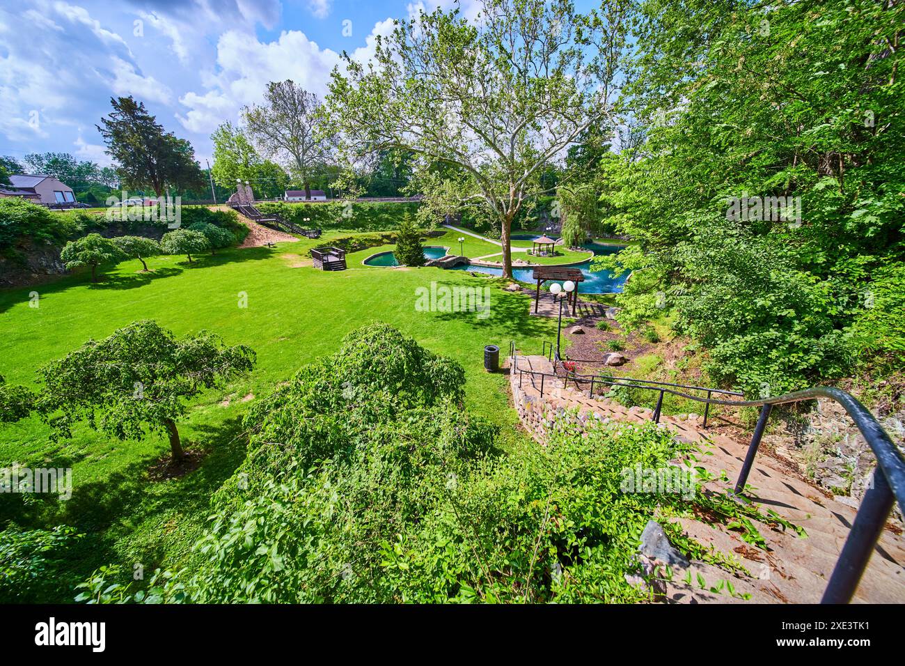Serene Sunken Gardens Pond and Bridge with Gazebo Overlooking from ...