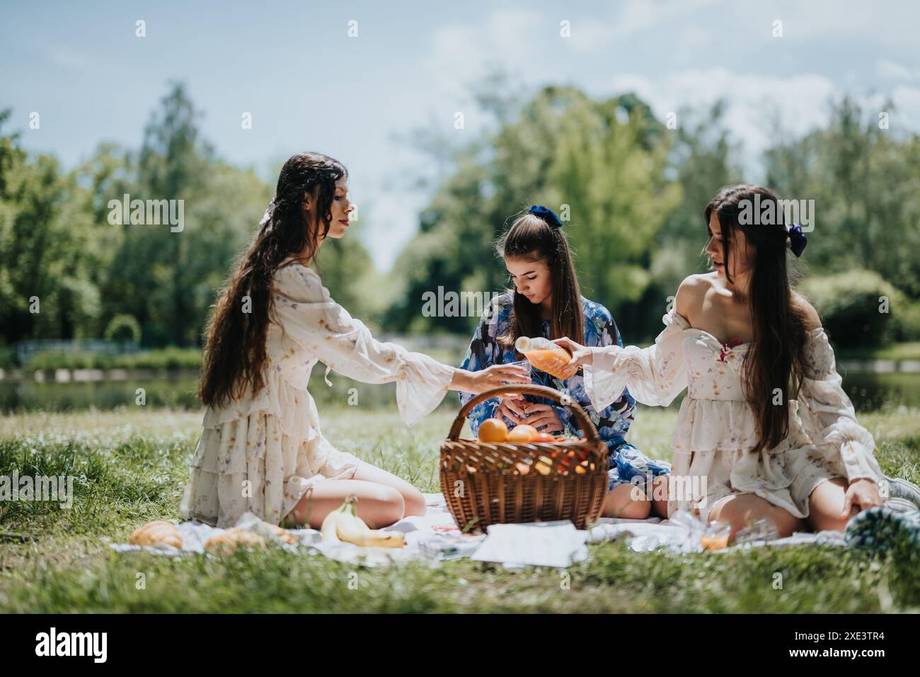 Three young women enjoying a sunny picnic in the park, sharing food and ...