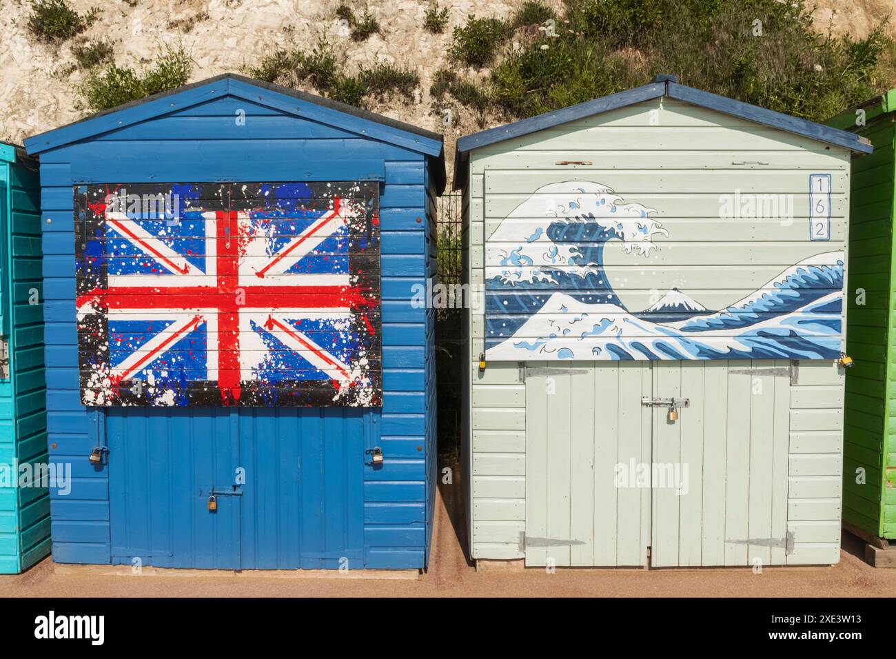 England, Kent, Broadstairs, Stone Bay, Colourful Beach Hut with Artwork ...