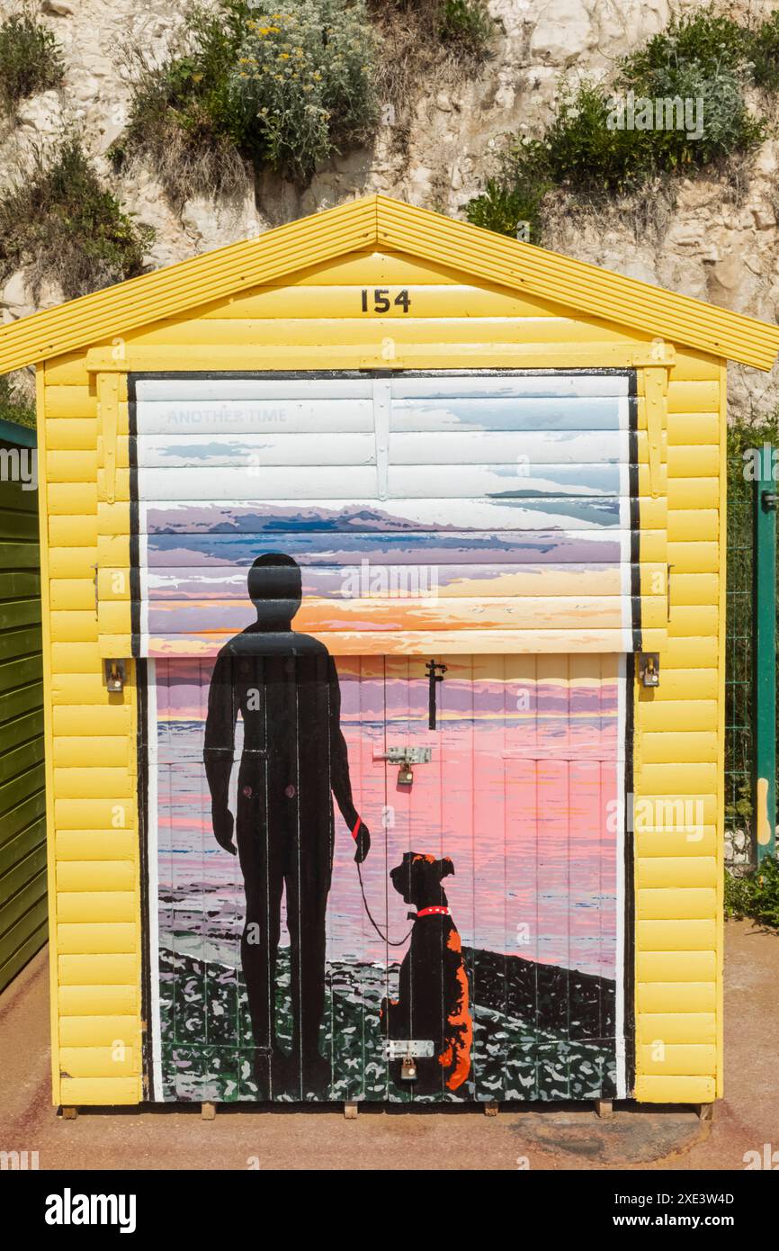 England, Kent, Broadstairs, Stone Bay, Colourful Beach Hut with Artwork ...