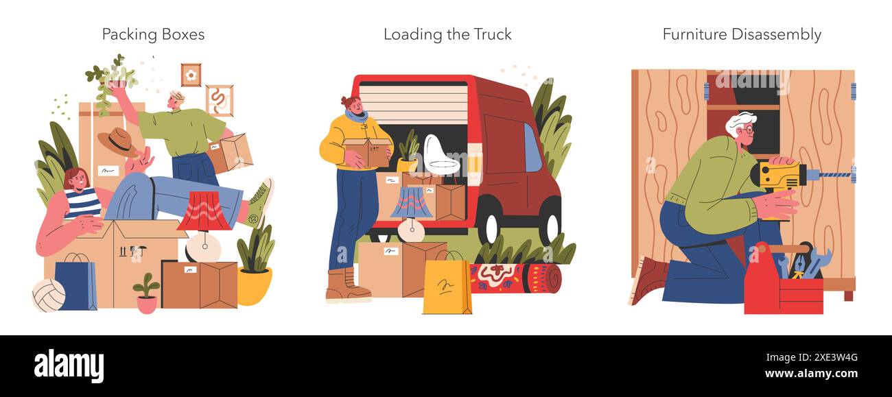 Moving house set. People packing, loading a truck, and disassembling ...