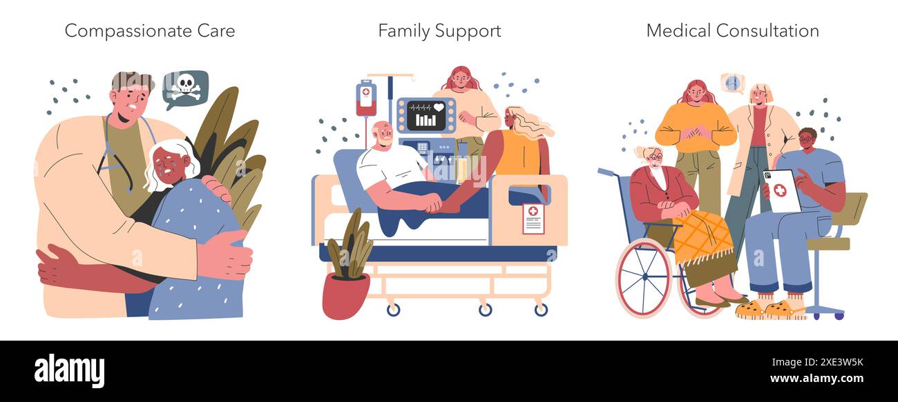 Euthanasia concept set. Illustrations depict compassionate end-of-life ...