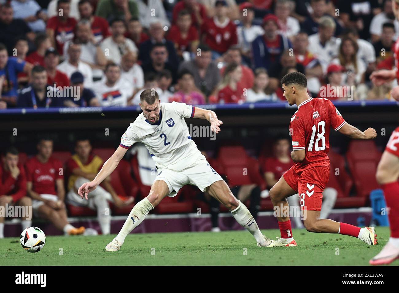 Strahinja Pavlovic (Serbia)Alexander Bah (Denmark) during the UEFA Euro ...