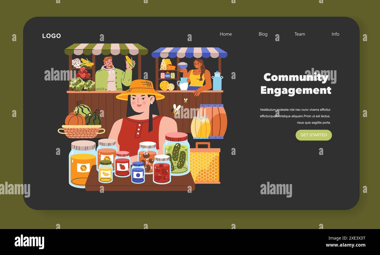 Farmers market web banner concept. Friendly vendors at colorful stalls ...