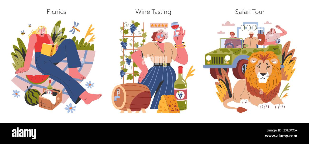 Vacation Activities set. People enjoying picnics, wine tasting, and a ...