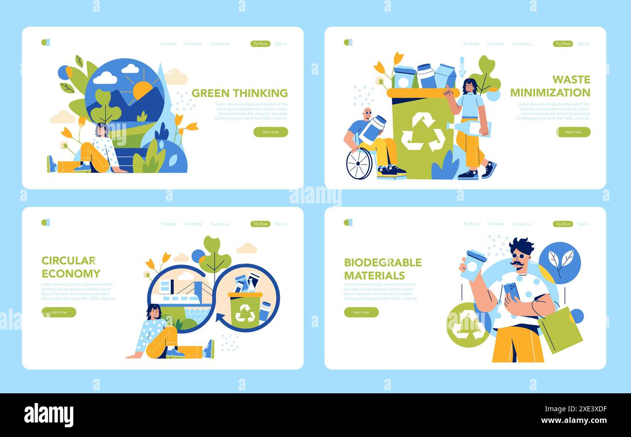 Circular Economy set. Sustainable living practices and resource ...