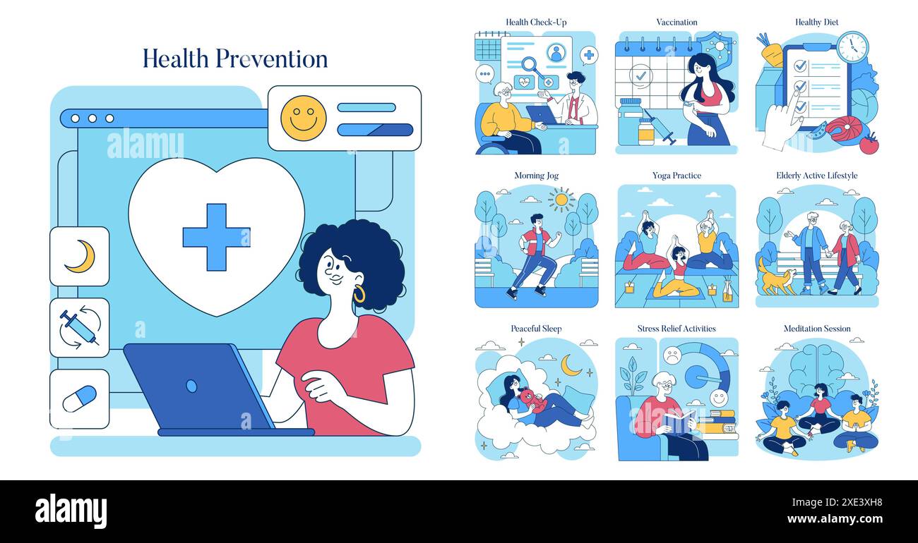 Health Prevention set. Diverse aspects of maintaining wellness, from ...