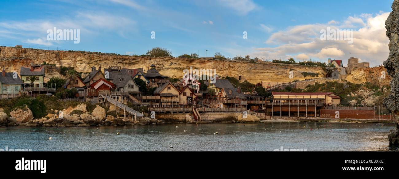 Panorama view of Popeye Village in Anchor Bay on Malta Stock Photo - Alamy