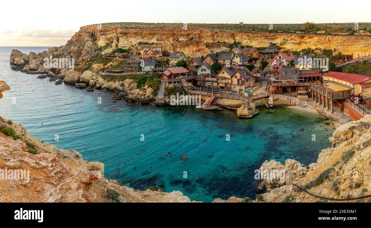 View of idyllic Anchor Bay and Popeye Village amusement park in Malta ...