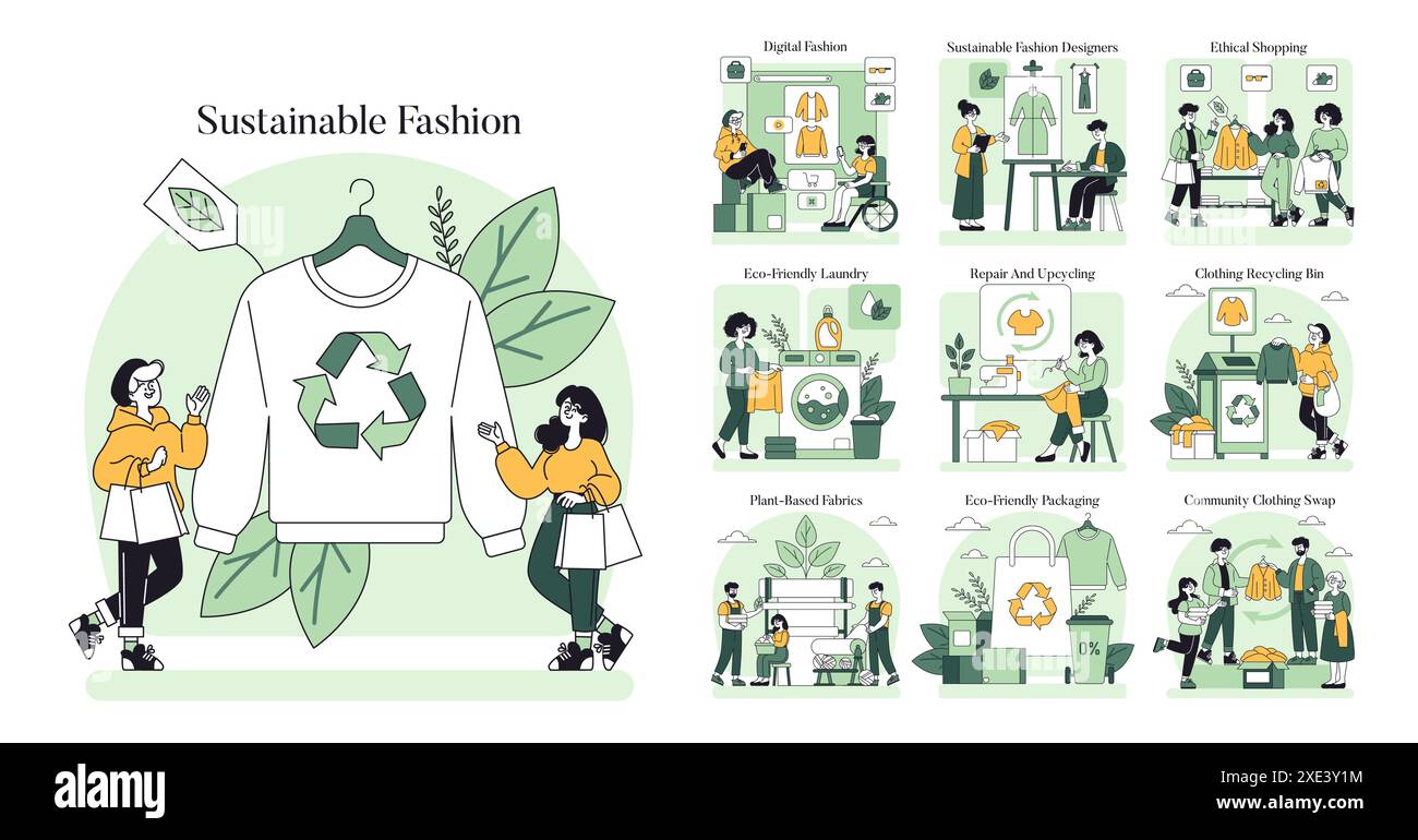 Sustainable Fashion set. Eco-conscious clothing lifecycle from design ...