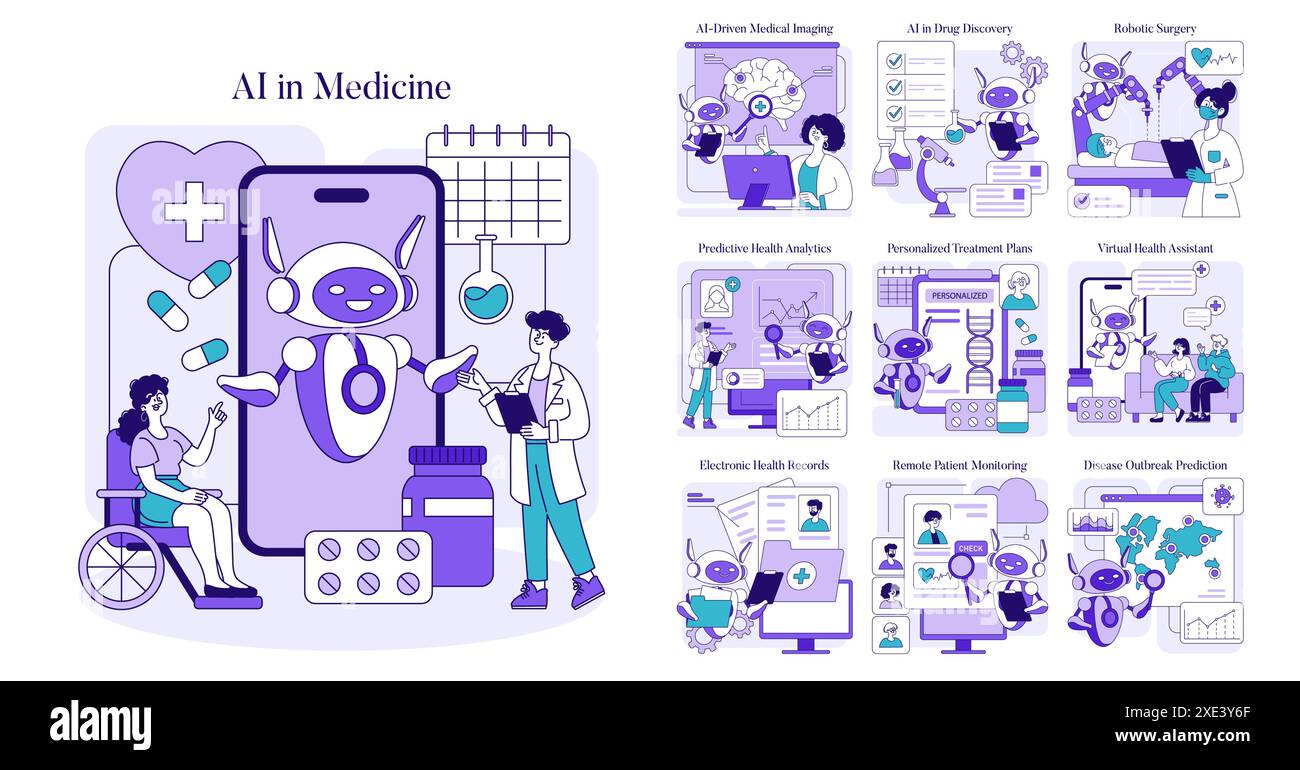 AI in Medicine set. Advancements in healthcare with artificial ...
