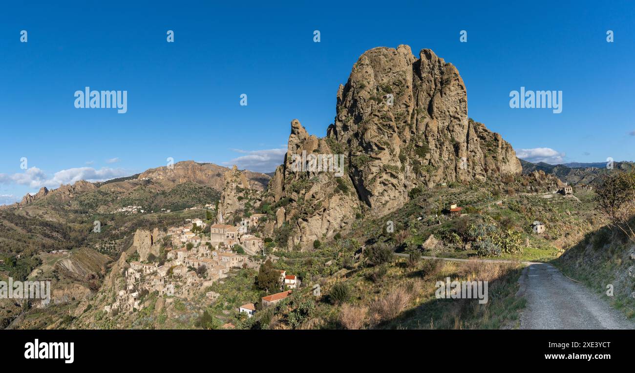 Panorama view of the Aspromonte ghost town of Pentedattilo in Calabria ...