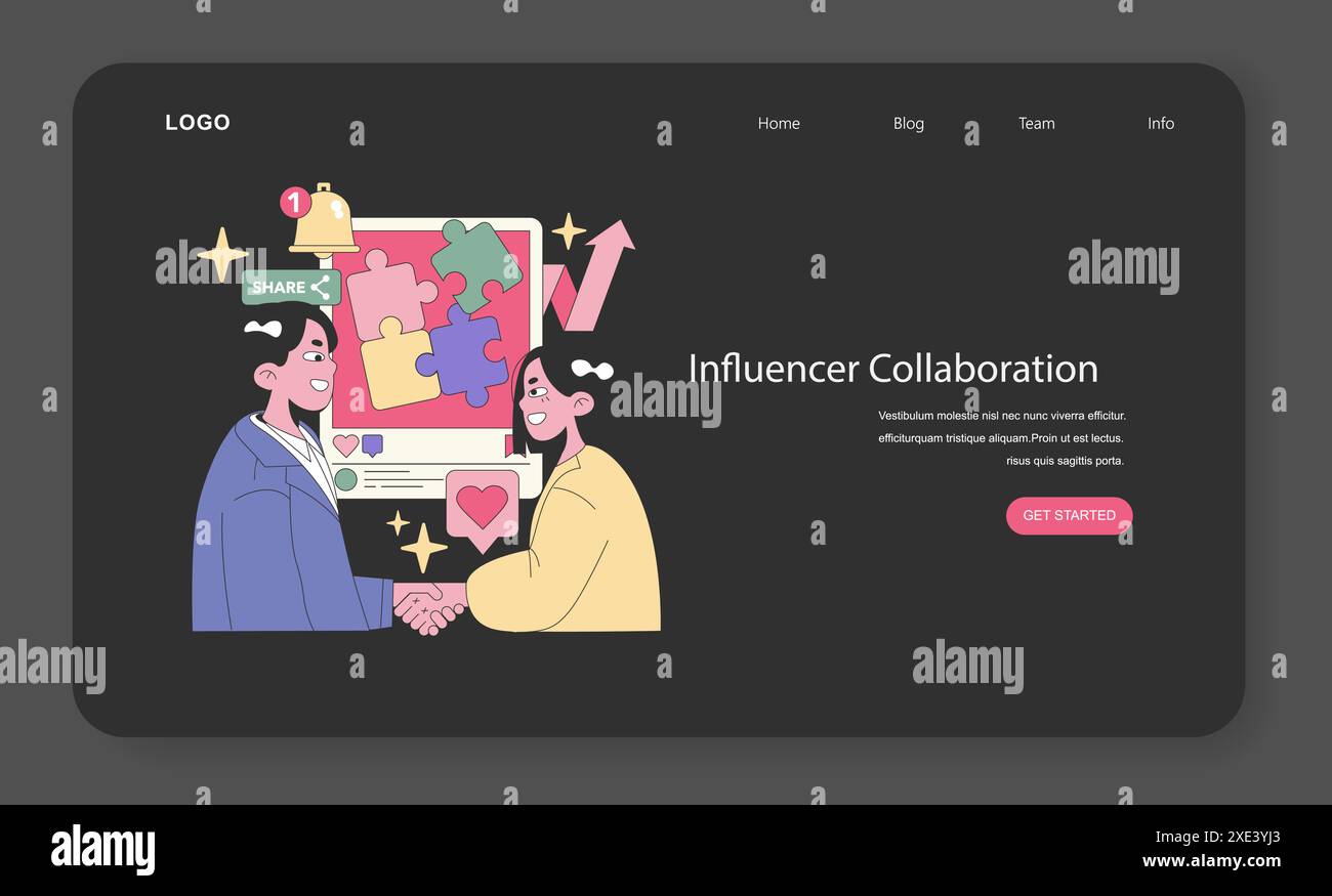 Digital Strategy concept. Two individuals shaking hands on influencer collaboration with an ...