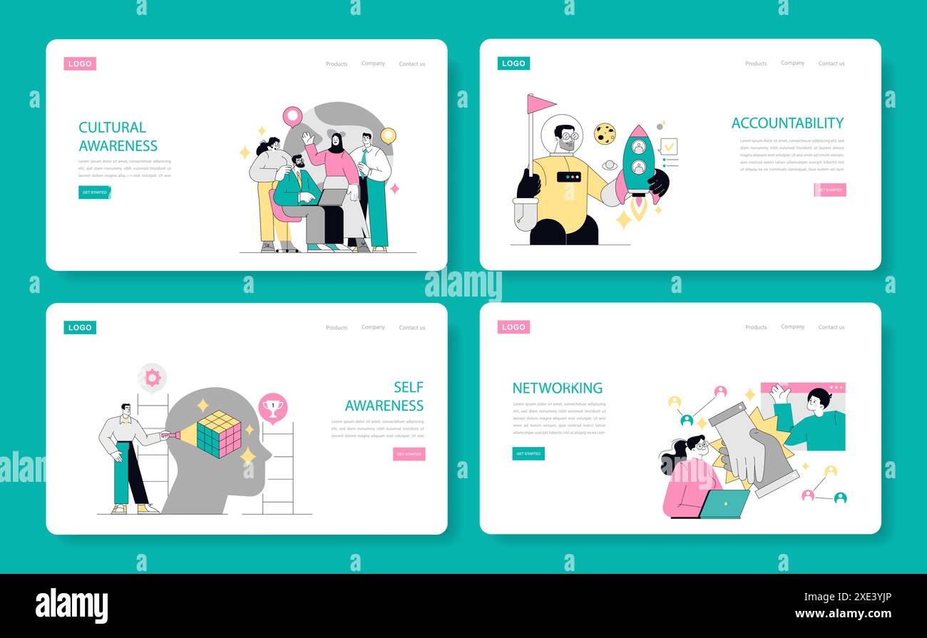 Soft Skills set. Four essential workplace competencies illustrated with metaphorical designs and ...