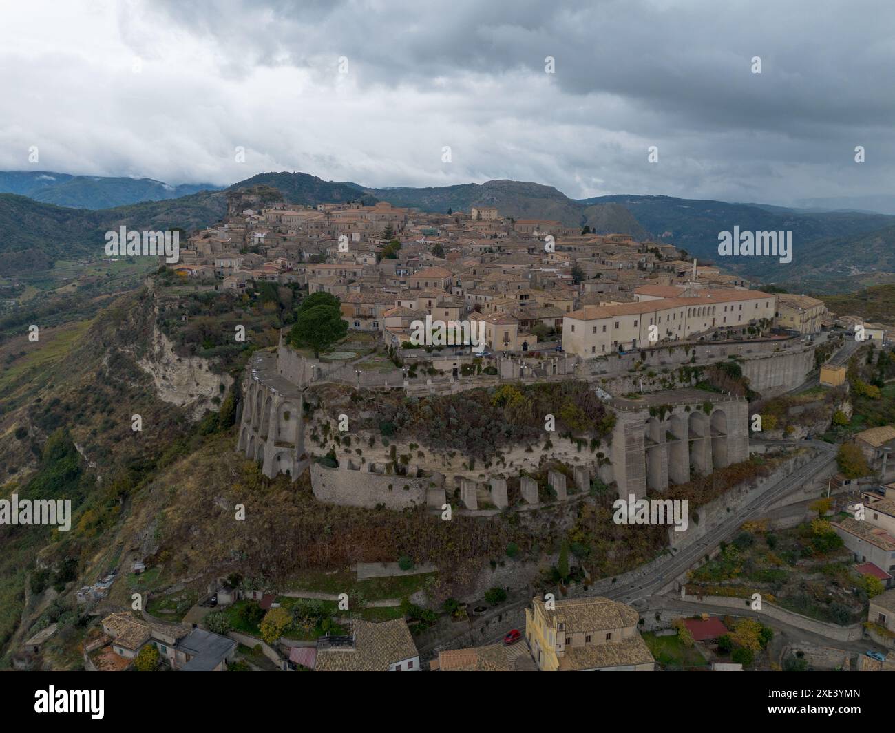 Drone perspective of the picturesque mountain village of Gerace in ...