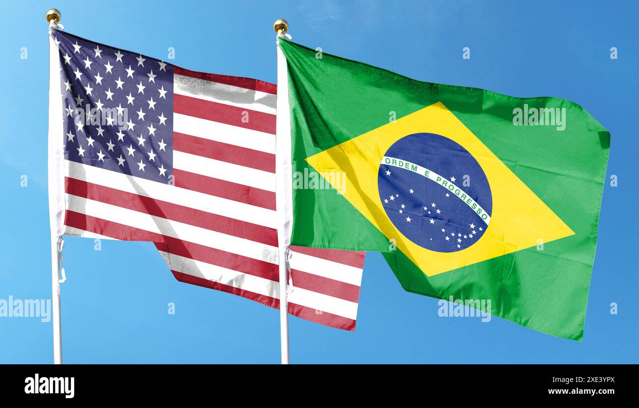 Brazil flag with American flag, clipping path isolated on white ...