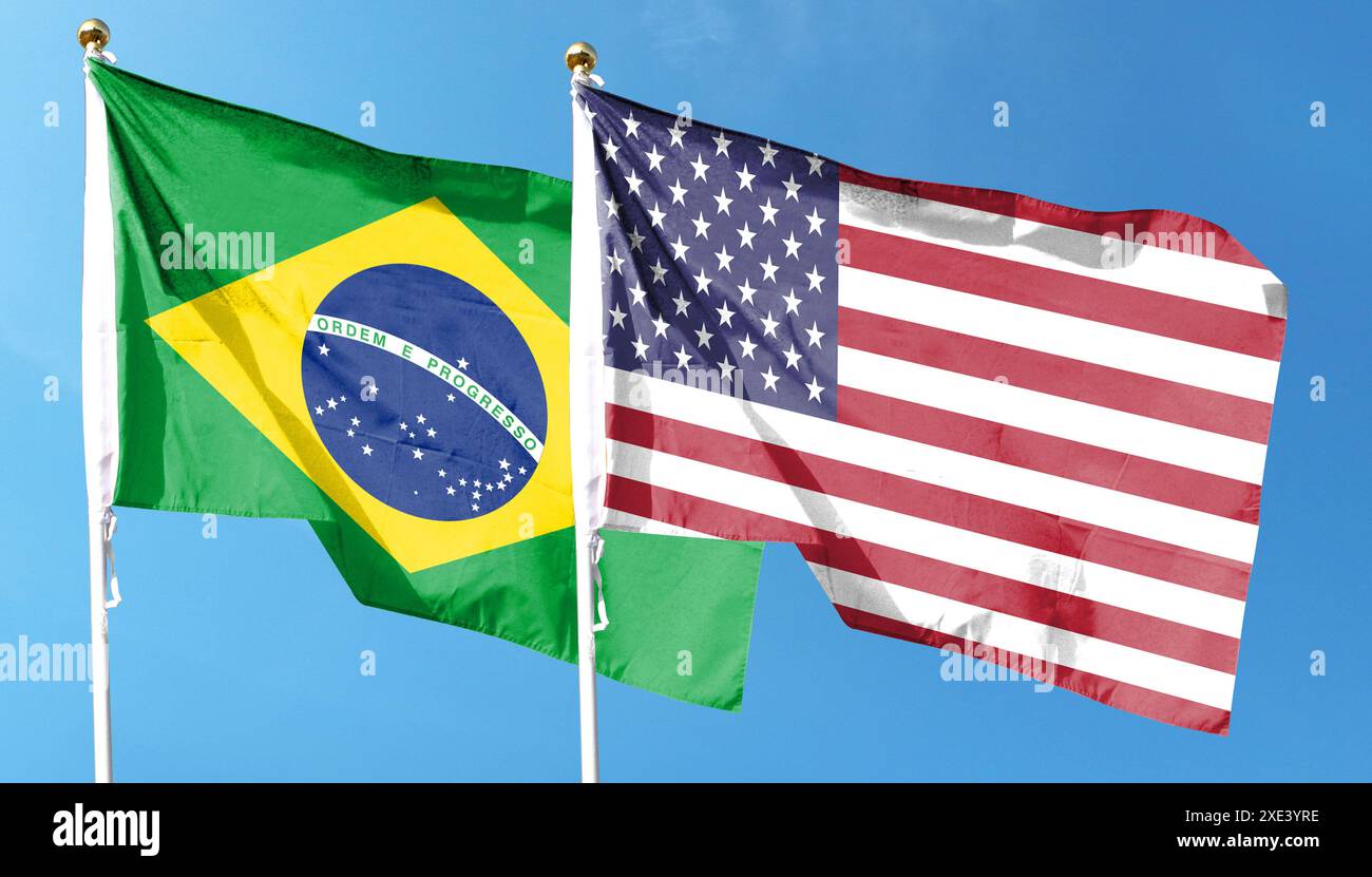 Brazil flag with American flag, clipping path isolated on white ...